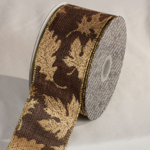 Chocolate Brown & Gold Fall Leaves Wired Craft Ribbon 2.5" x 20 Yards ...