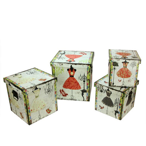 Set of 4 Wooden Vintage-Style Fashion Dresses Decorative Storage Boxes ...
