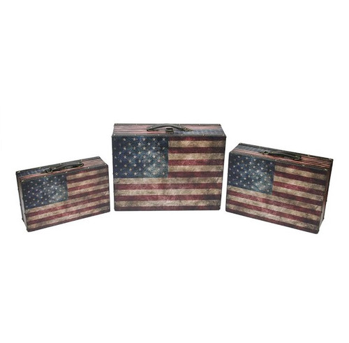 Set of 3 Rustic American Flag Decorative Wooden Storage Boxes 16 ...