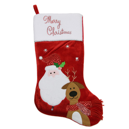 20" Red Santa Claus & Reindeer Embroidered Christmas Stocking ...