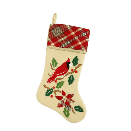 20.5" Ivory & Red Cardinal Bird Embroidered Christmas Stocking ...