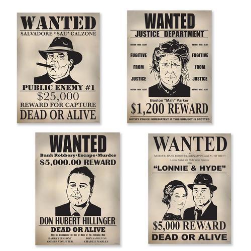 Club Pack of 12 Brown & Black Gangster Wanted Sign Cutouts Wall & Door ...