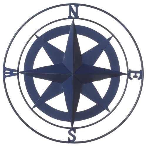 Set of 2 Blue Metal Round Shaped Compass Wall Decor with Distressed ...