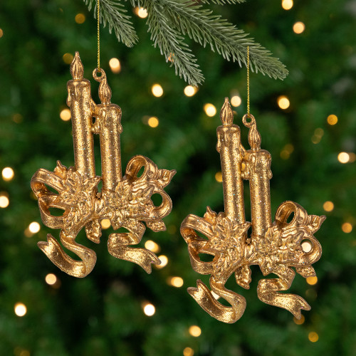 Glittered Holly Berry Double Candle Christmas Ornaments - 5.5" - Gold ...