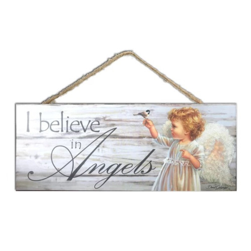 White & Gray Angel Printed Rectangular Wall Sign with Rope Hanger 4" x ...
