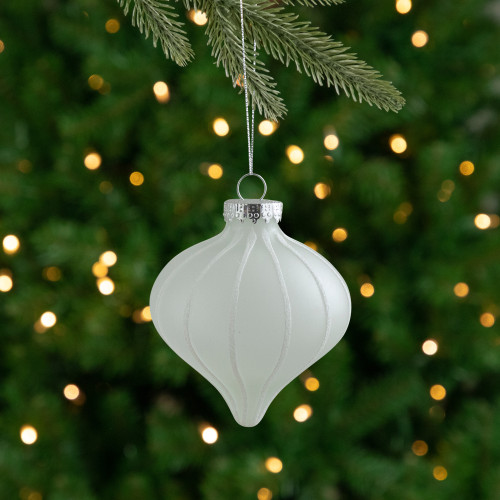 3ct Clear & White Matte Frosted Glitter Stripes Glass Christmas Onion ...