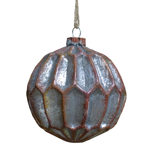 Distressed Silver & Rust Recessed Geometric Christmas Ball Ornament 4 ...