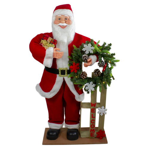 3' Santa Claus Holding a Wooden Sleigh "Welcome" Christmas Sign ...