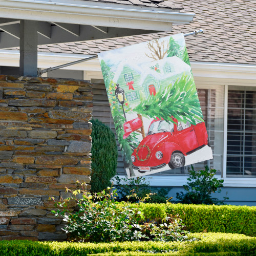 Red Car & Christmas Tree Outdoor House Flag 20" x 48" | Christmas Central