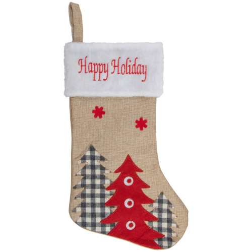 19" Beige & Red Burlap "Happy Holidays" Forest Trees Christmas Stocking ...