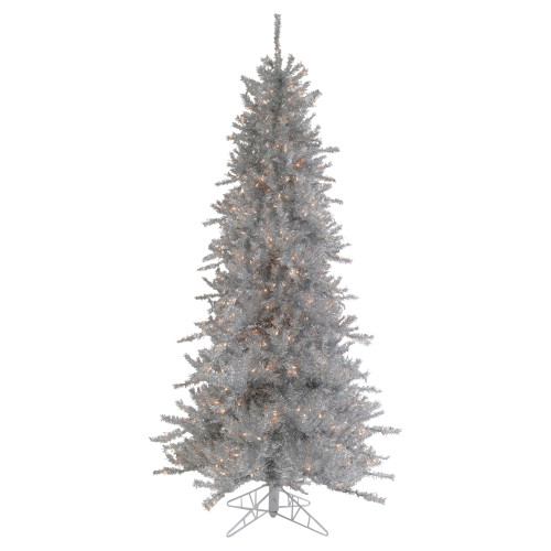 9' Pre-Lit Silver Tinsel Noble Slim Artificial Christmas Tree - Clear ...