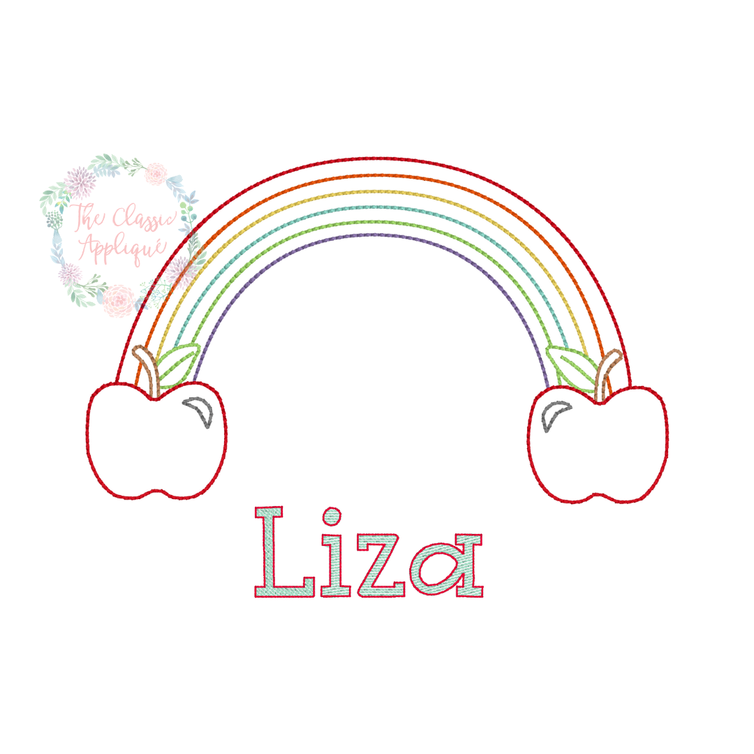 Rainbow with apples doodle vintage stitch machine embroidery design ...
