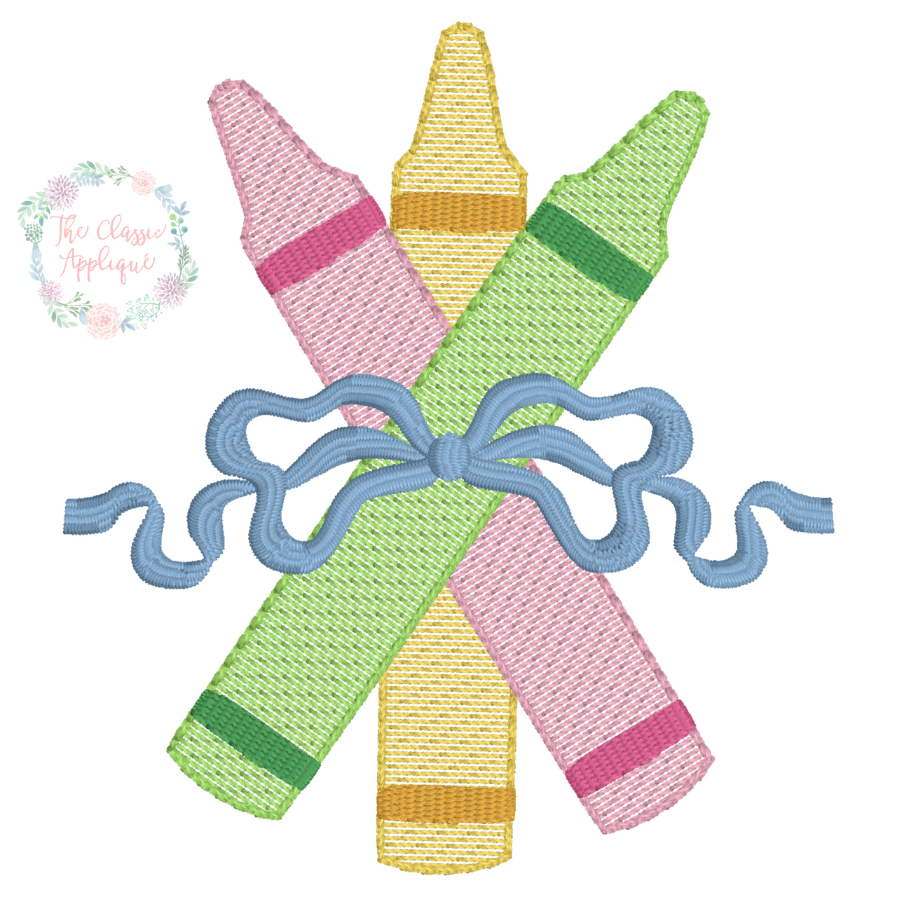 Back to school crayons with bow sketch fill preschool applique machine ...