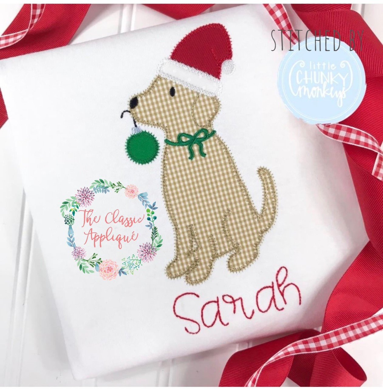 Christmas lab dog with bow ornament zig zag applique machine embroidery ...