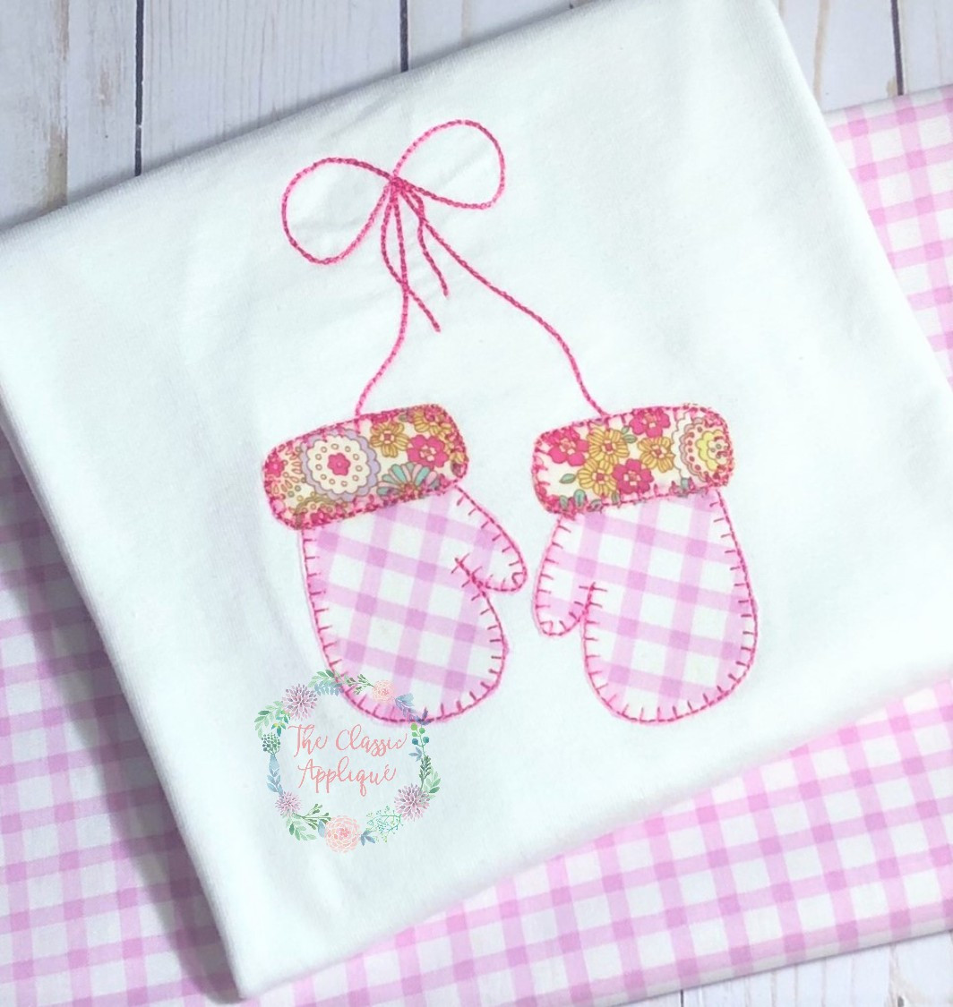 Winter girl mittens with bow blanket stitch vintage stitch applique ...