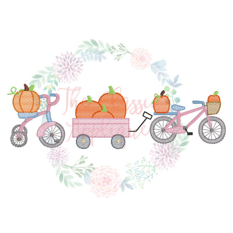 Fall bike tricyle wagon pumpkin sketch fill, light fill quick stitch ...