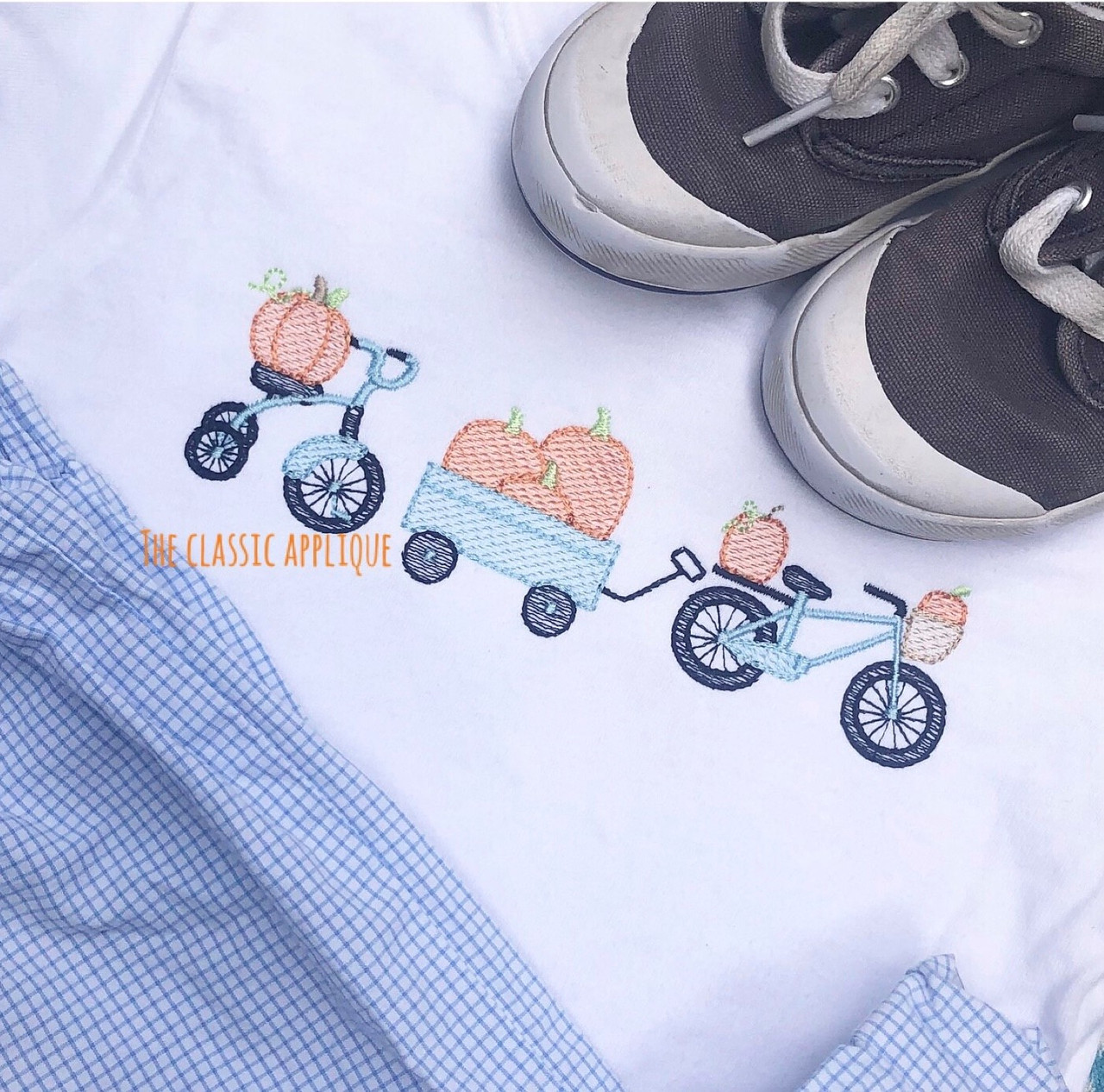 Fall bike tricyle wagon pumpkin sketch fill, light fill quick stitch ...