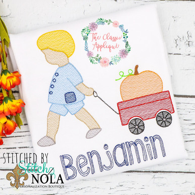 Little boy fall pumpkin in red wagon sketch light fill quick stitch ...