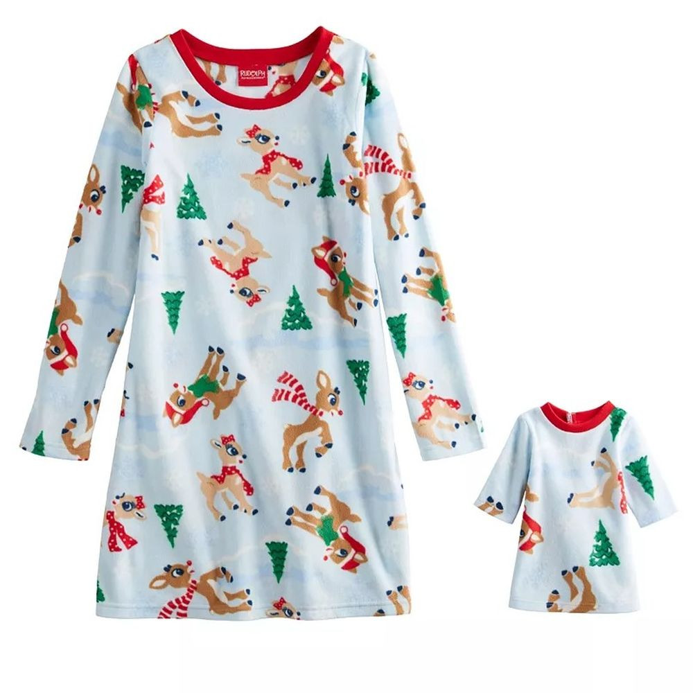 Girl's Rudolph and Clarice Print Fleece Nightgown w/Doll Gown - Little ...