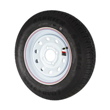 ST145/R12 Loadstar Trailer Tire LRD on 4 Bolt White Mod Wheel