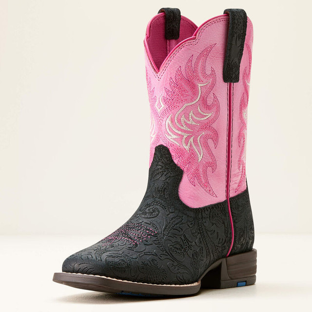 Kid's Ariat Black/Pink Floral Emboss Outrider Cowboy Boot