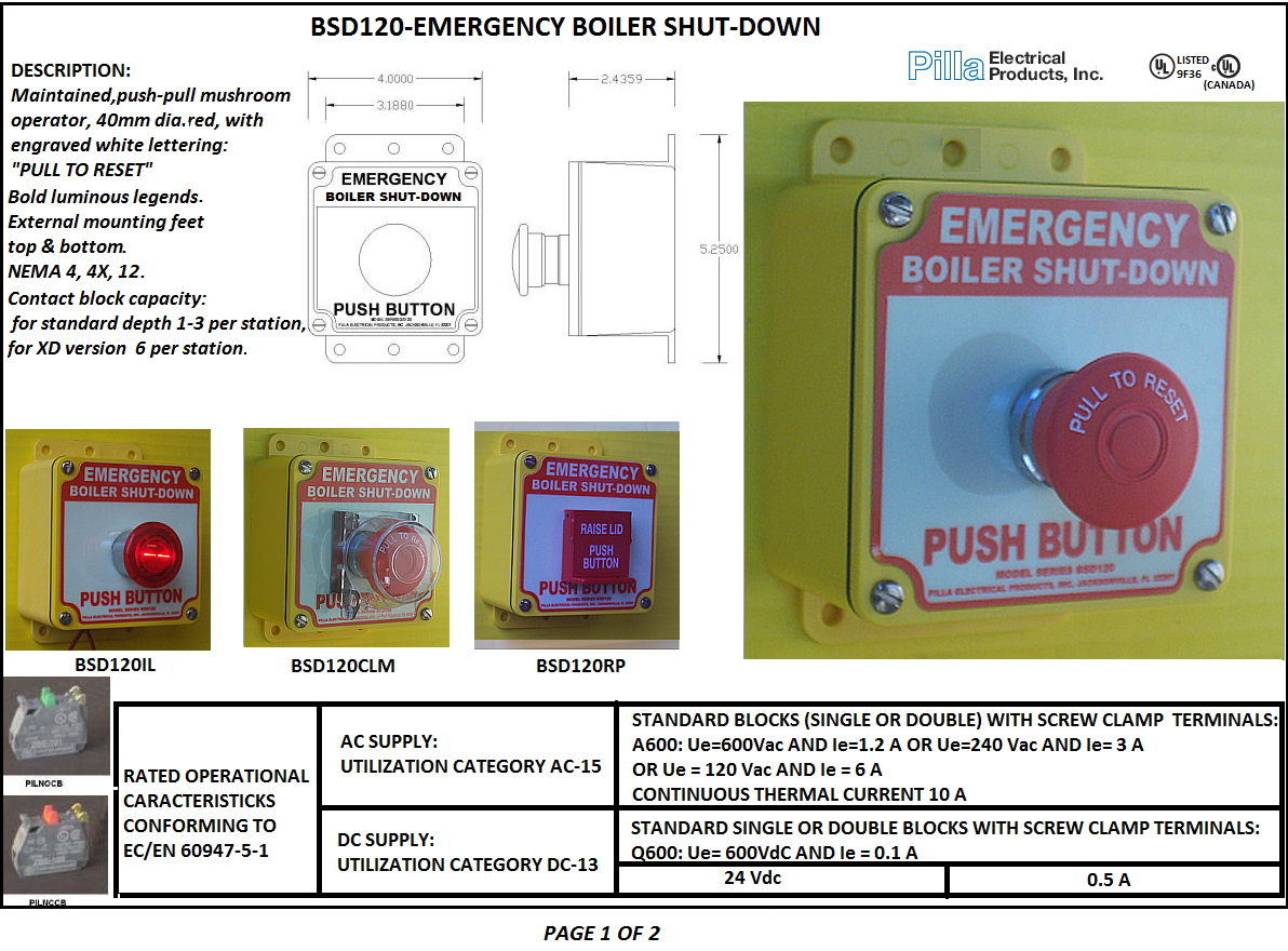 Pilla BSD120 | Boiler Shut Down Push Button | ZOT Supply