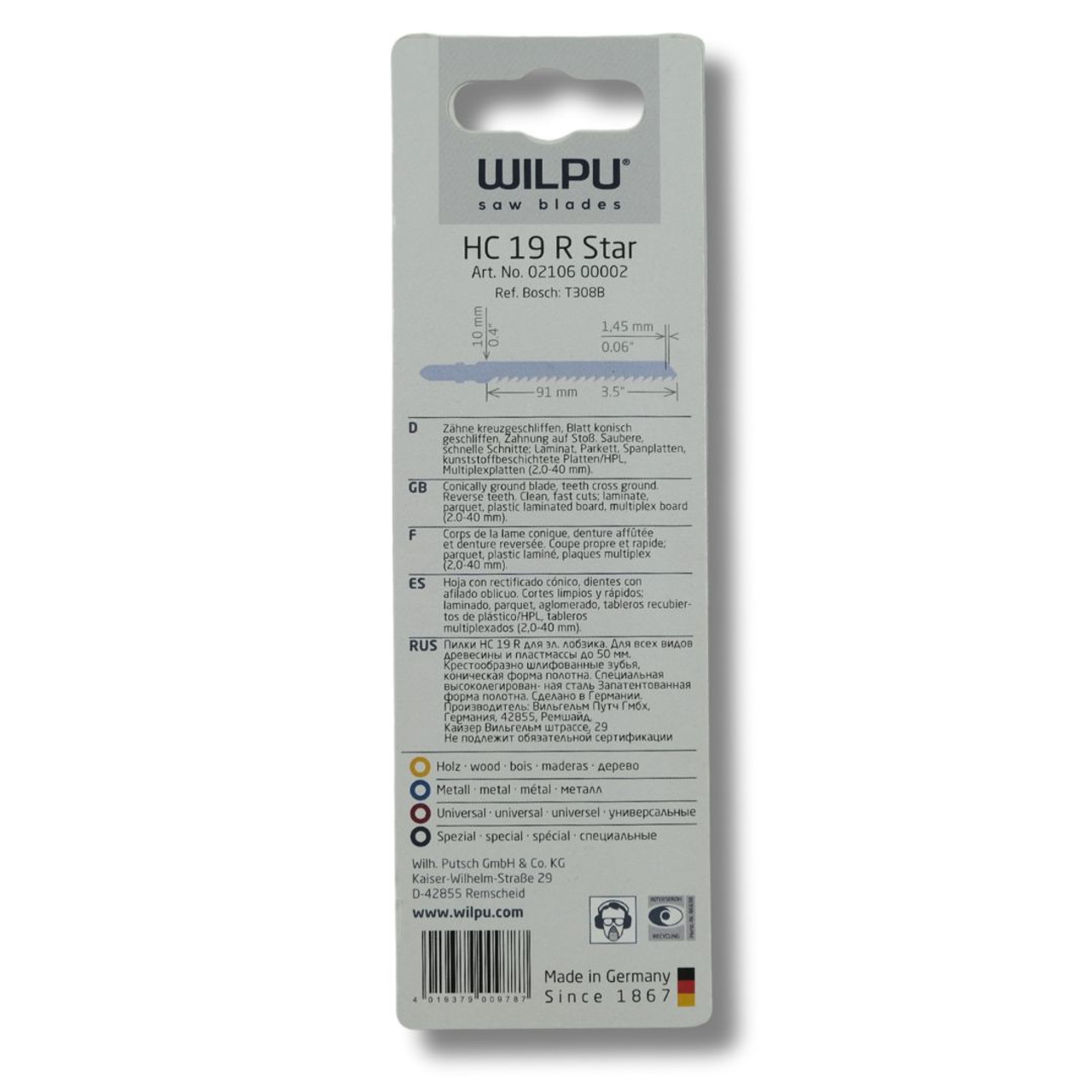 WILPU Jigsaw Blade HC 19 R 91mm Reverse Cut Jigsaw Blade for Board
