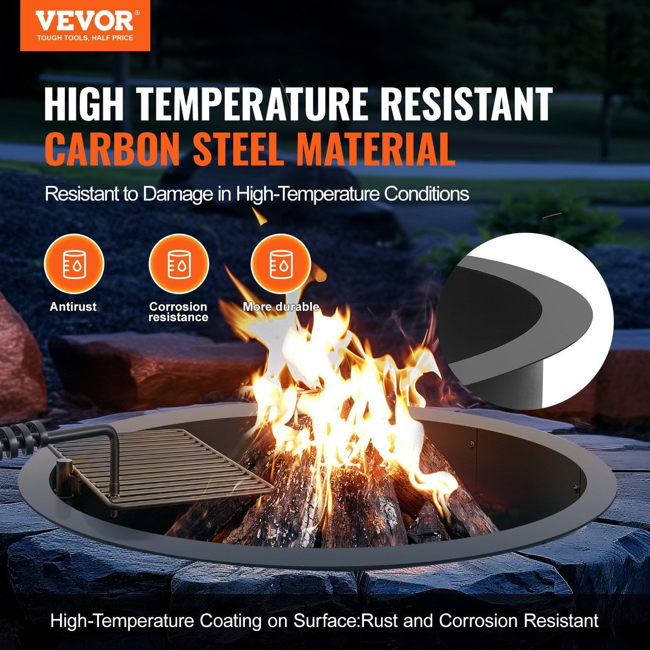 Cooking Fire Pit Ring w/ BBQ Fire Ring 40 Inch Outer Steel DIY Campfire ...