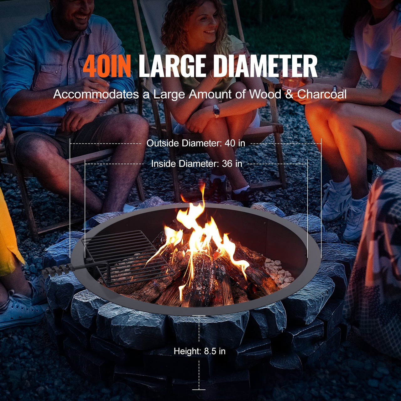 Cooking Fire Pit Ring w/ BBQ Fire Ring 40 Inch Outer Steel DIY Campfire ...