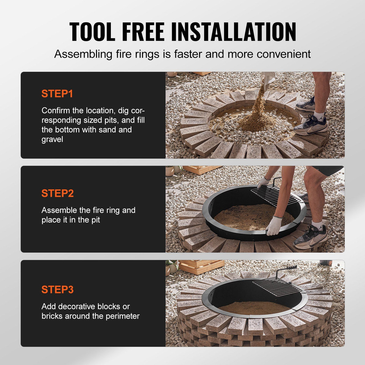 Cooking Fire Pit Ring w/ BBQ Fire Ring 40 Inch Outer Steel DIY Campfire ...