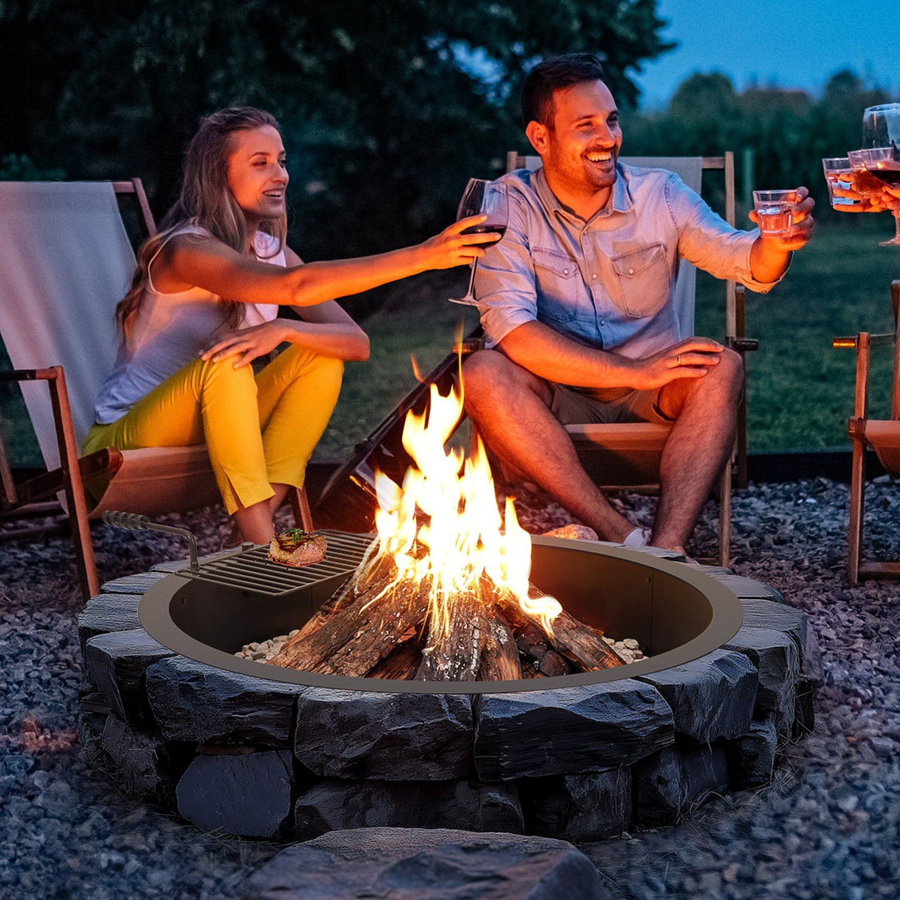 Cooking Fire Pit Ring w/ BBQ Fire Ring 40 Inch Outer Steel DIY Campfire ...