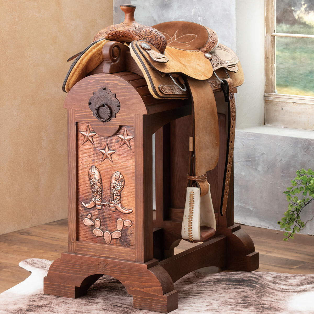 Rodeo Saddle Stand with Copper Panel | Black Forest Decor