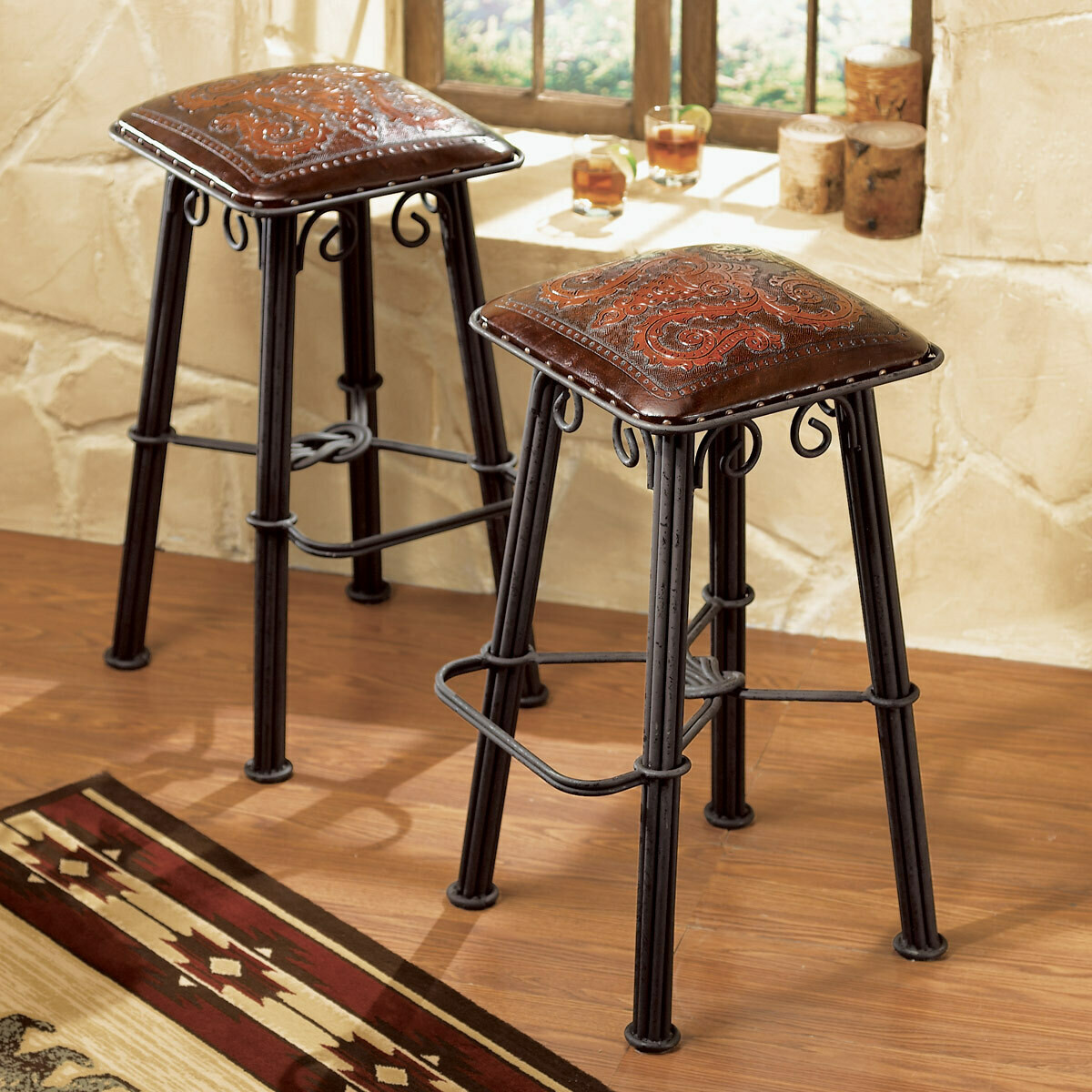 Coronado Iron Stool with Tooled Leather Seat | Black Forest Decor