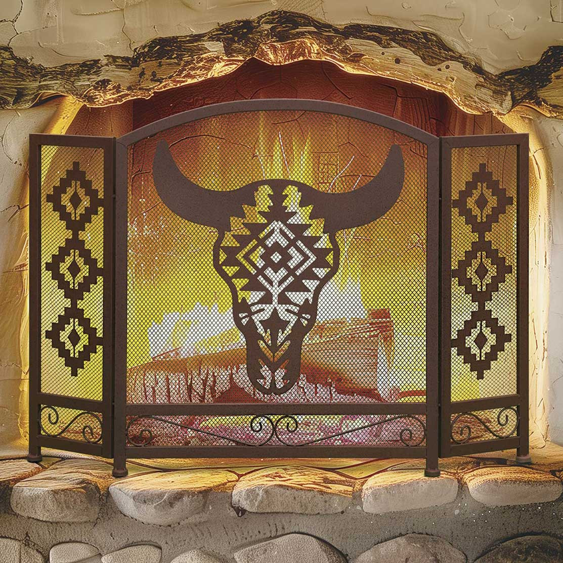 Buffalo Spirits Fireplace Screen | Black Forest Decor