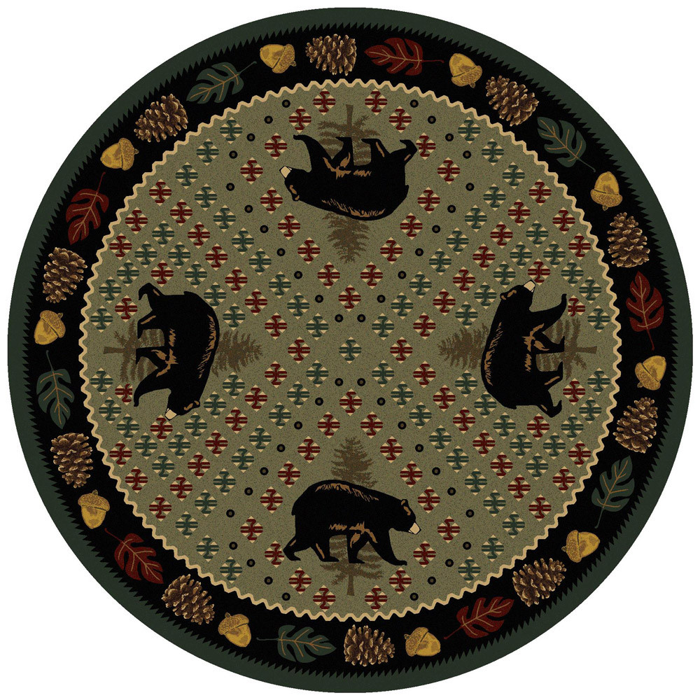 Wildlife Rugs: 8 Ft. Round Bear Patchwork Green Rug | Black Forest Decor