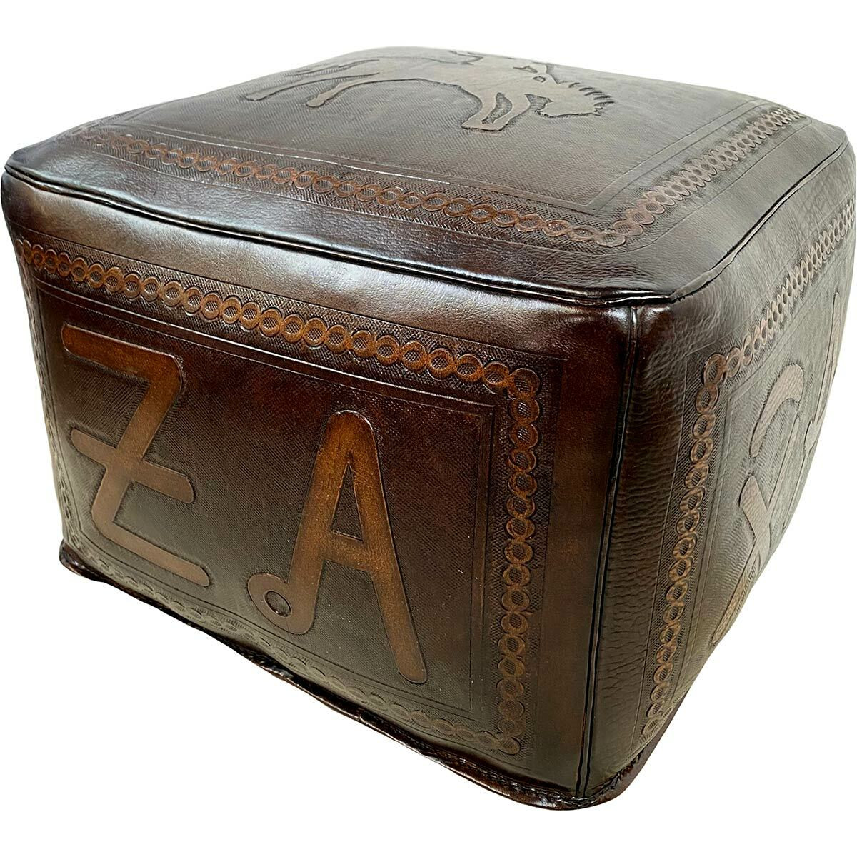 Antique Brown Large Colonial Tooled Leather Ottoman | Black Forest Decor