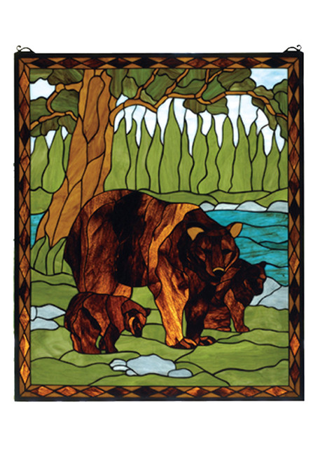 Bear and Cubs Spring Woods Stained Glass Window | Black Forest Decor