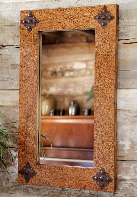 Rustic Mirrors: Rustic Ranch Tooled Leather Mirror | Black Forest Decor