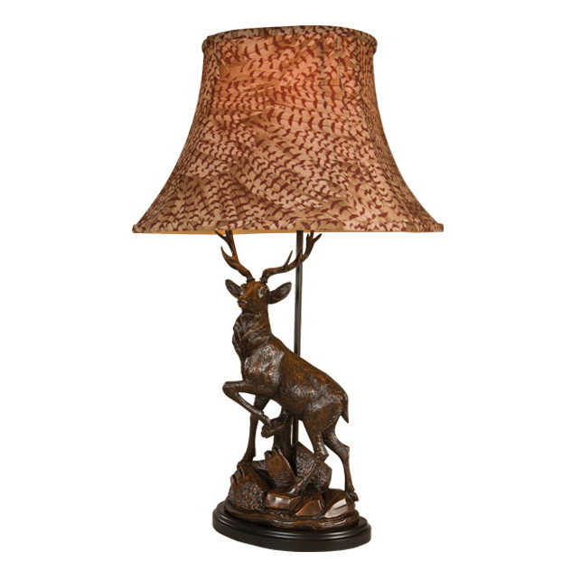 English Deer Table Lamp with Pheasant Shade - Right Facing | Black ...