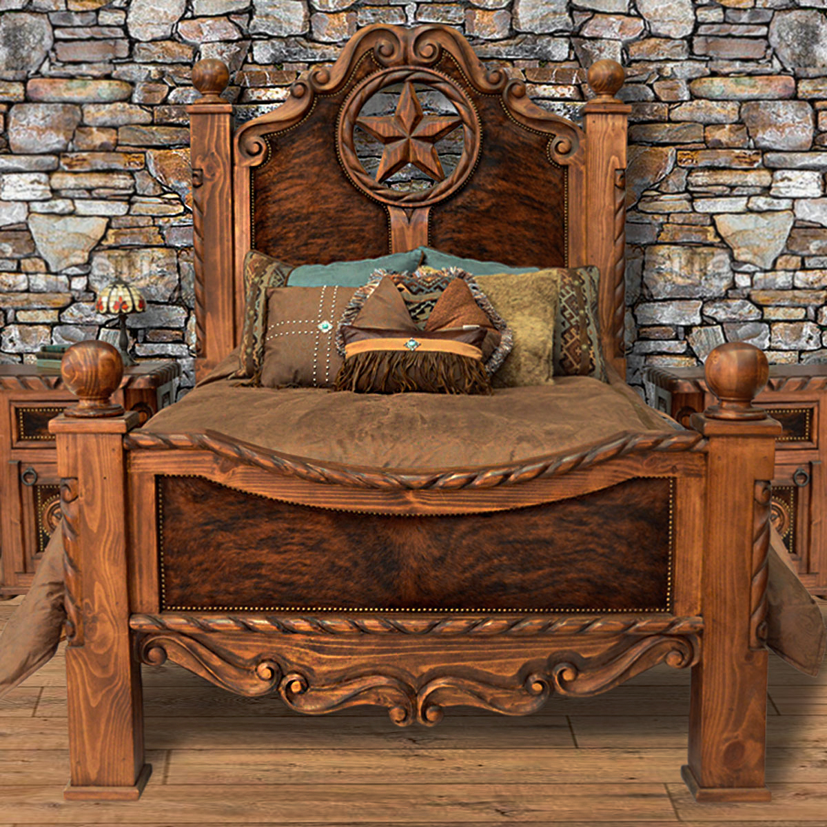 Custom Texas Star Cowhide Bed King Pine Rustic Wood Beds from Black Forest Decor