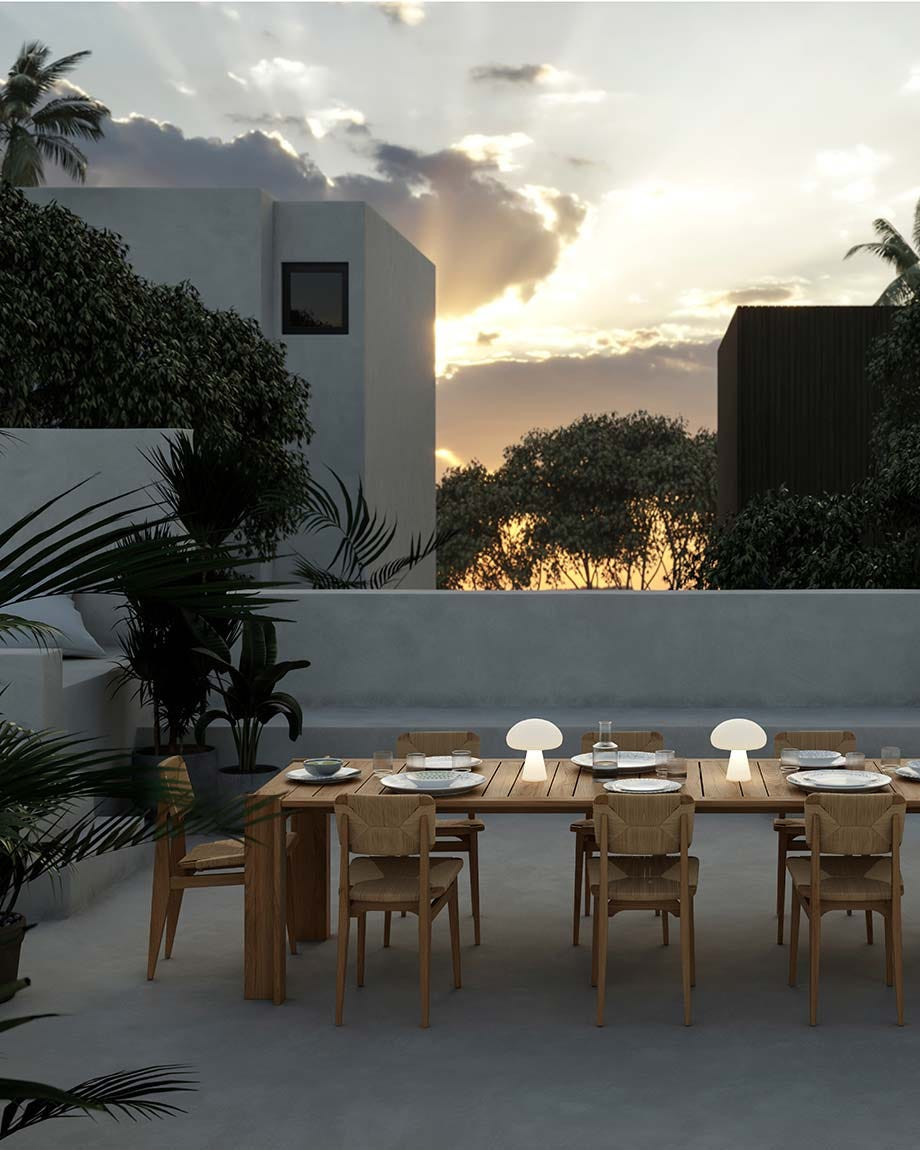 Atmosfera Dining Table by Gubi | Elegant Indoor Outdoor Solid Teak Table