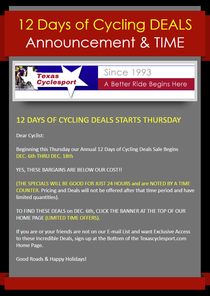 12 Days of Cycling Deals Announcement & Time - Texas Cyclesport