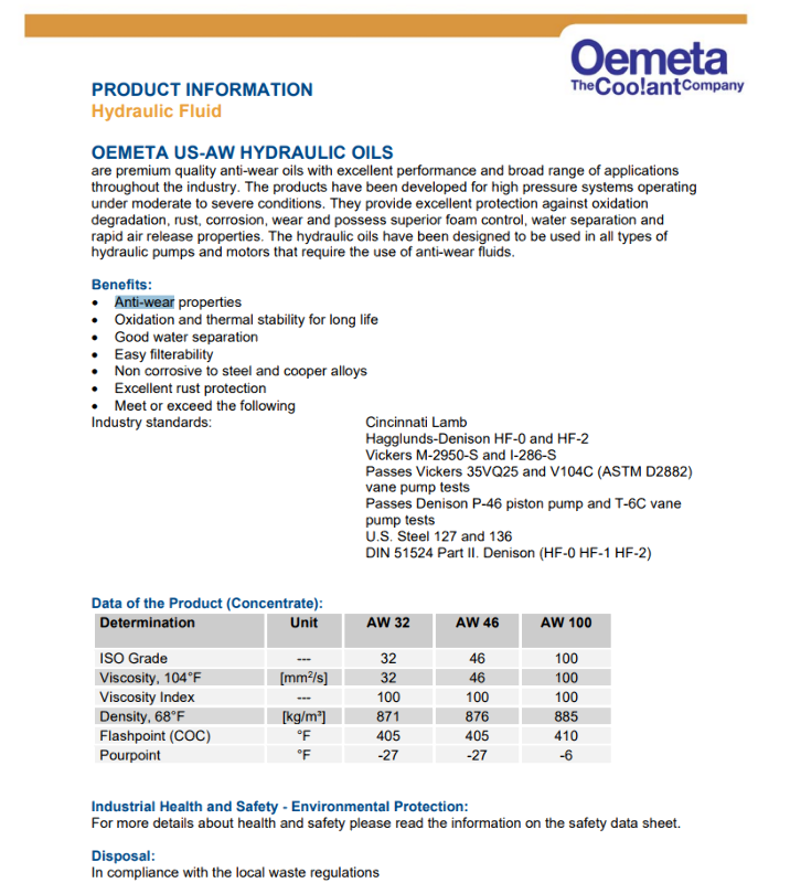 Oemeta AW100 Industrial Anti-wear Hydraulic Oil 5 Gallon - Superior ...