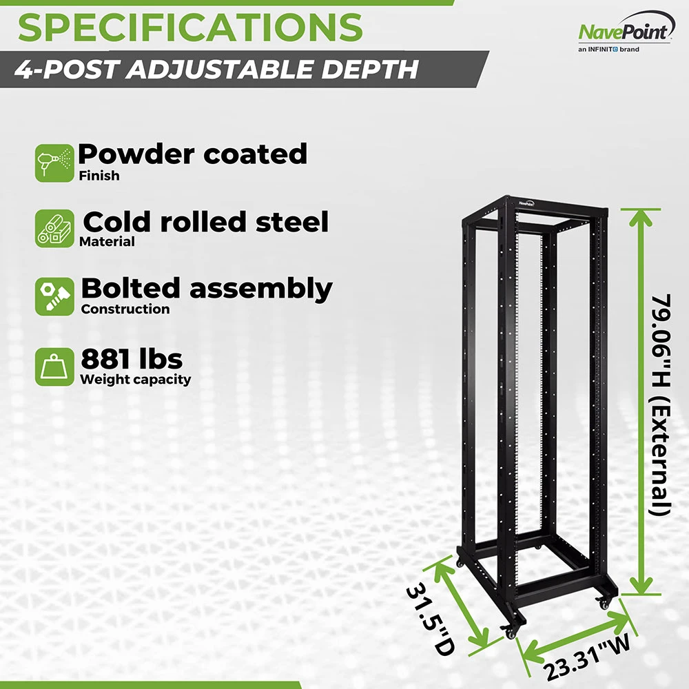 NavePoint 42U 800mm Adjustable Depth 4-Post Open Frame Rack with ...