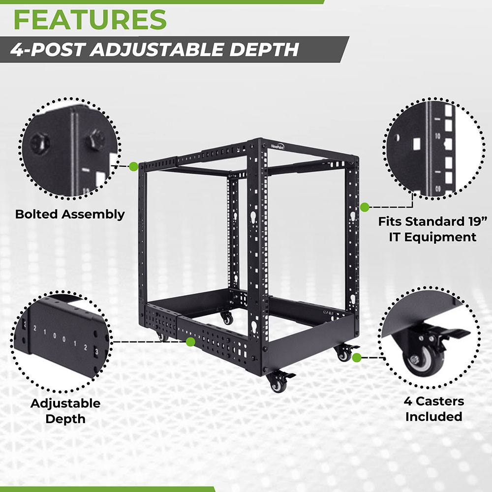 NavePoint 12U Adjustable Depth 4-Post Open Frame Rack with Casters: 4 ...
