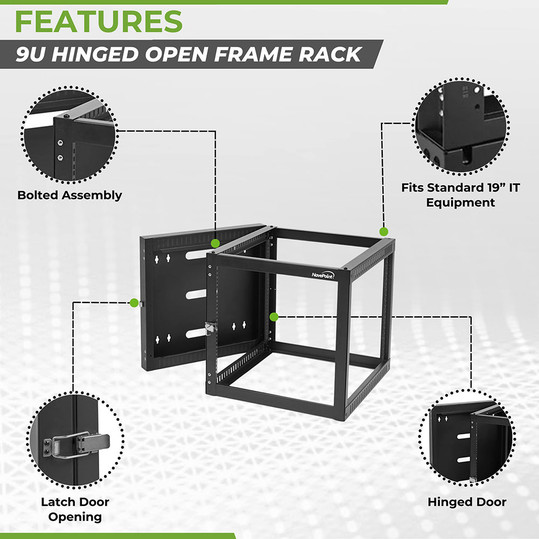NavePoint 9U Hinged Open Frame Wall-Mount Network Rack 22in Depth ...
