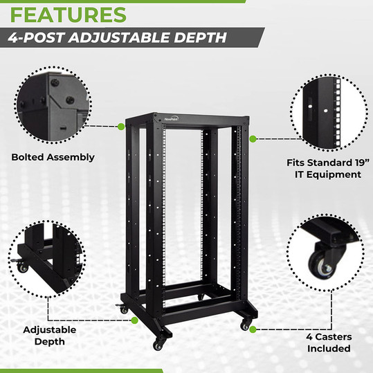 NavePoint 22U 600mm Adjustable Depth 4-Post Open Frame Rack with ...