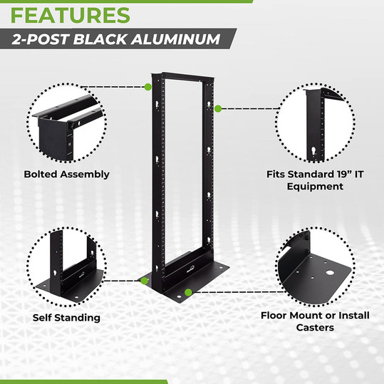 NavePoint 25U Aluminum 2-Post Open Frame Server Rack Threaded: 2-Post Racks