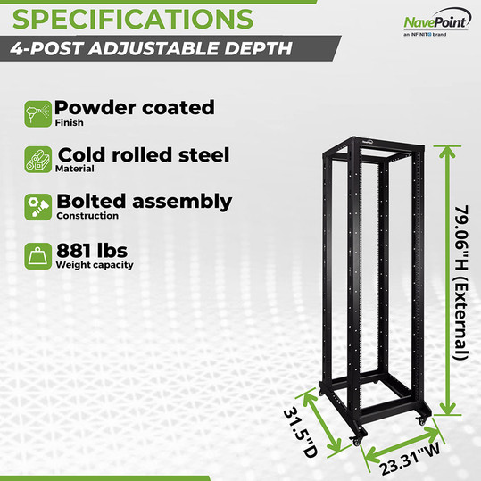 NavePoint 42U 800mm Adjustable Depth 4-Post Open Frame Rack with ...