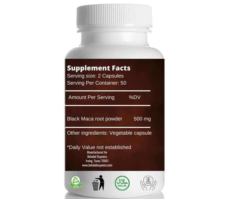 Black Maca Root 100 Quick Release Capsules - 500mg Per Capsule